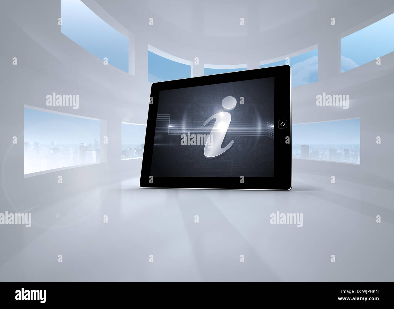 Information sign on tablet screen against bright white room with ...