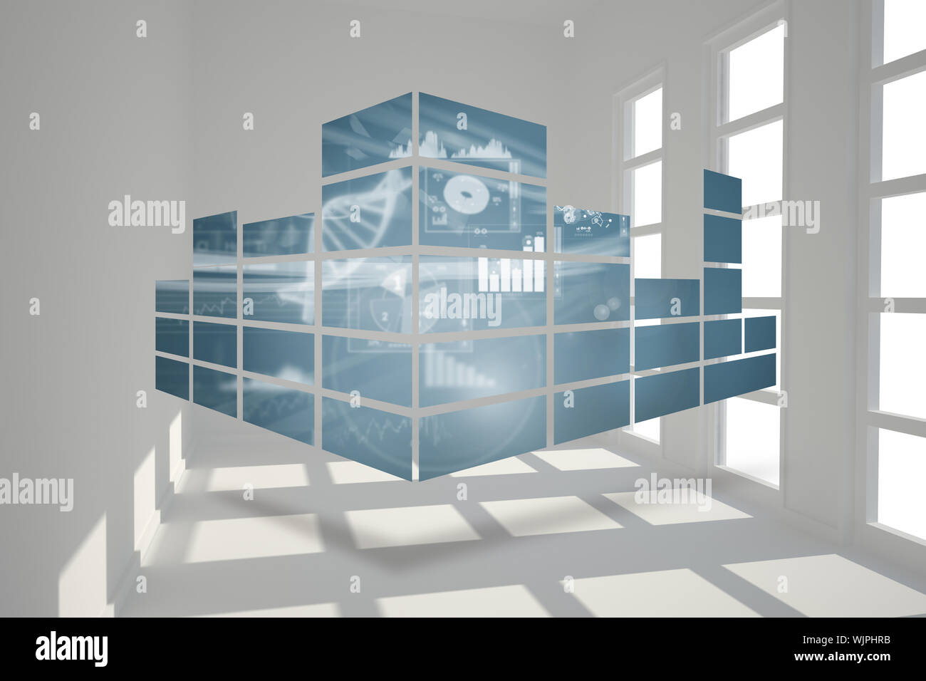 Dna interface on abstract screen against white room with windows Stock ...