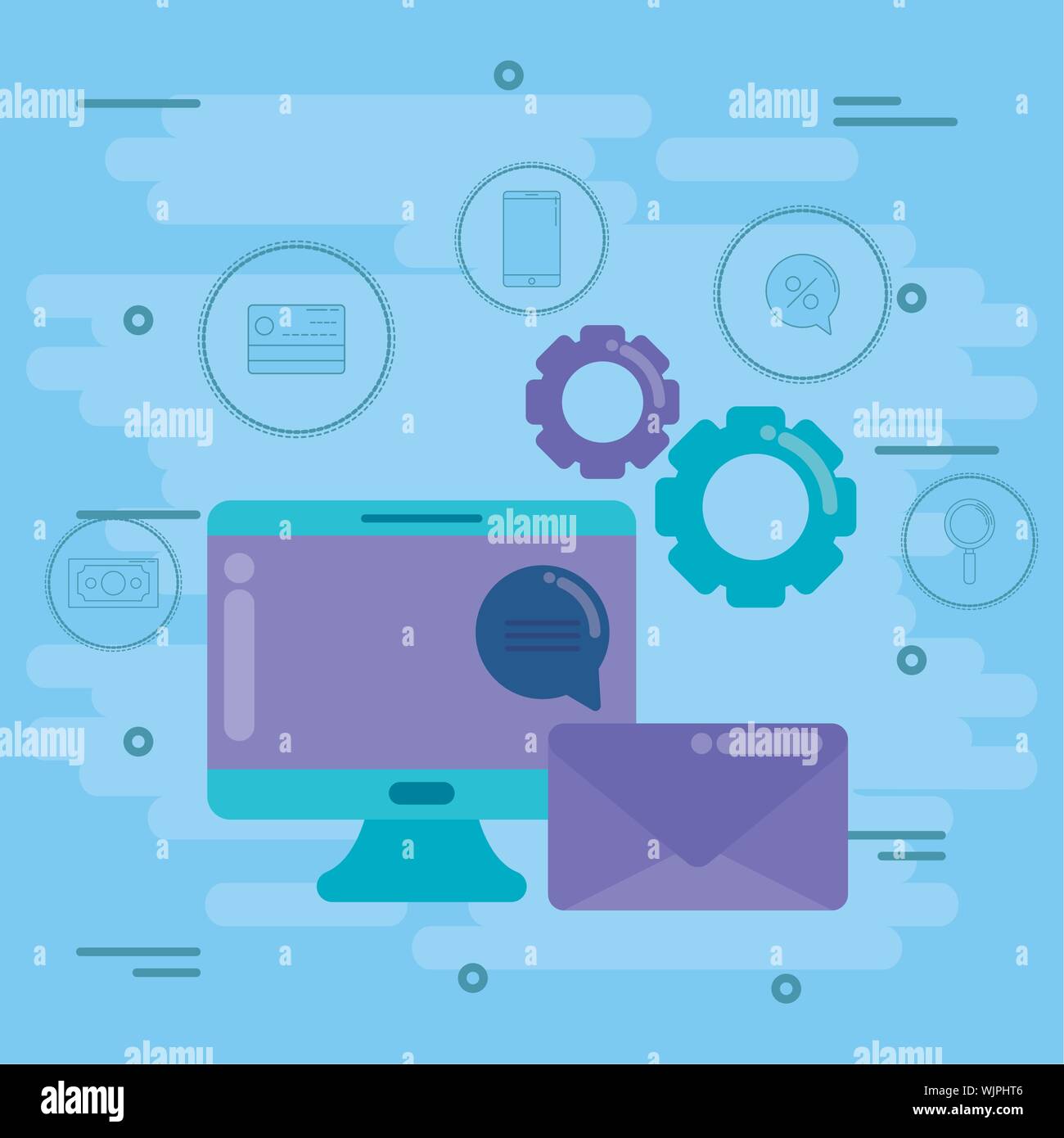 desk computer with social media marketing icons vector illustration ...