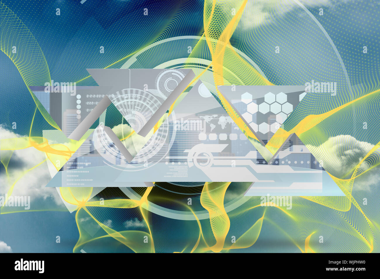 Interface on abstract screen against yellow lines with cloud design on ... Interface on abstract screen against yellow lines with cloud design on ...