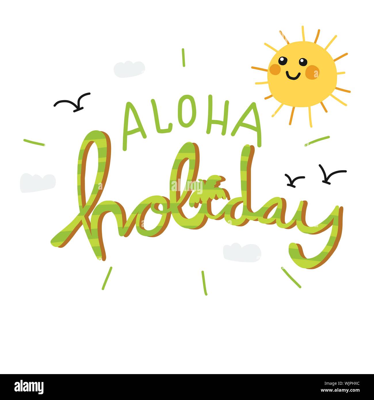 Aloha Holiday word and sun smile cartoon doodle style vector ...