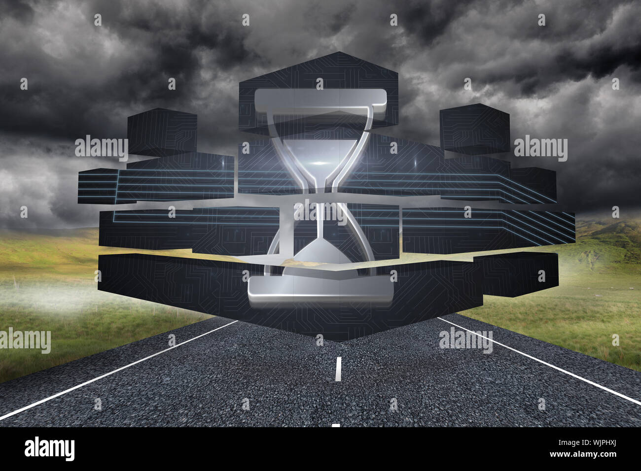 Timer on abstract screen against stormy landscape background with ...