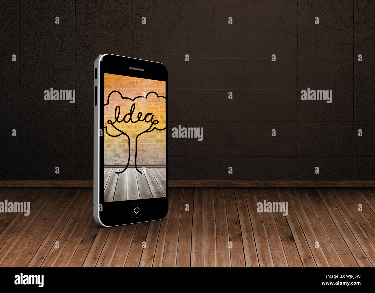 Idea tree on smartphone screen against dark room with floorboards Stock ...