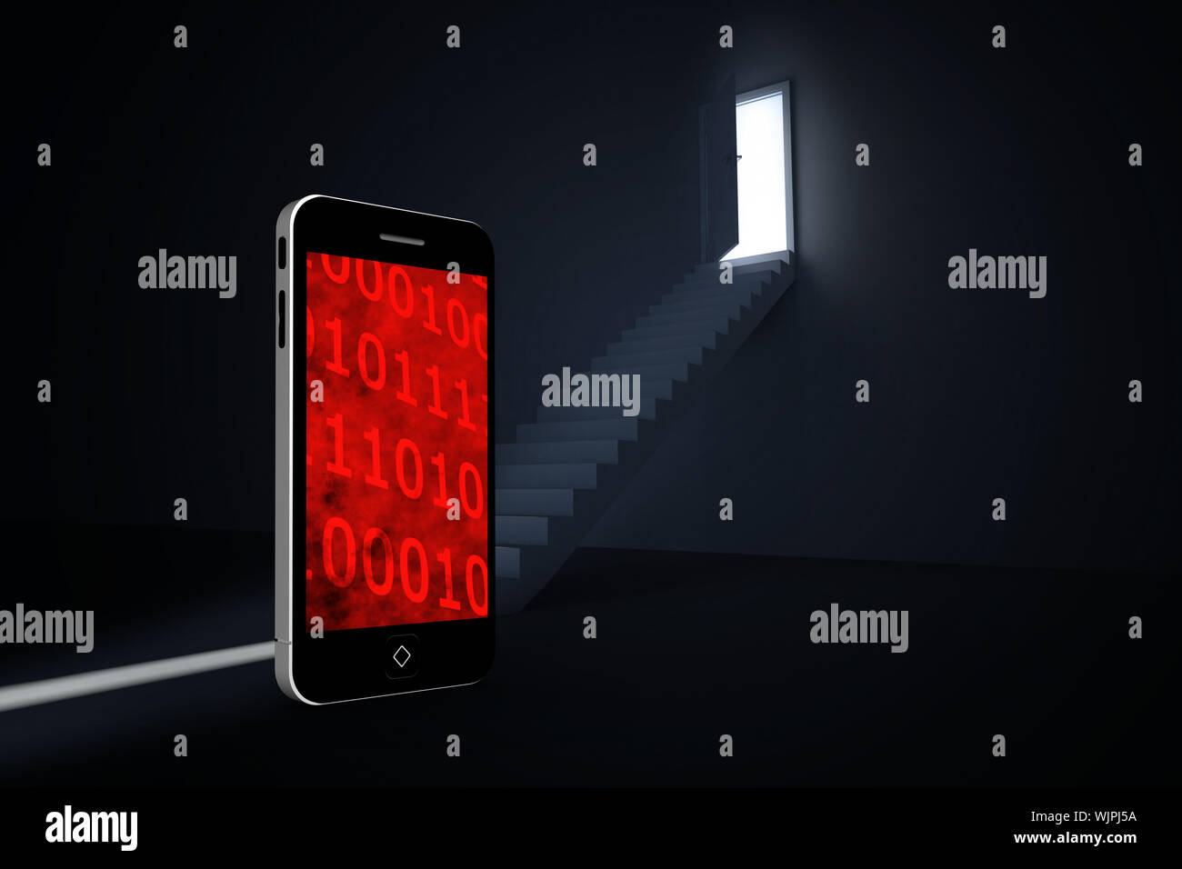 Binary code on smartphone screen against door opening revealing light at top of steps Stock ...