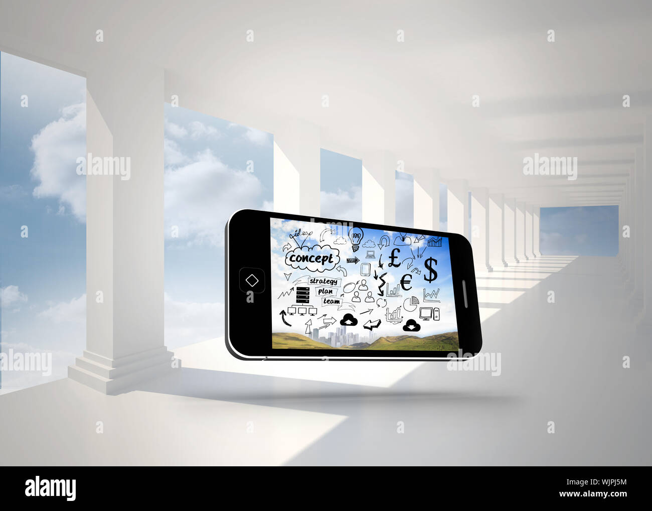 Brainstorm on smartphone screen against abstract blue cloud design in ...