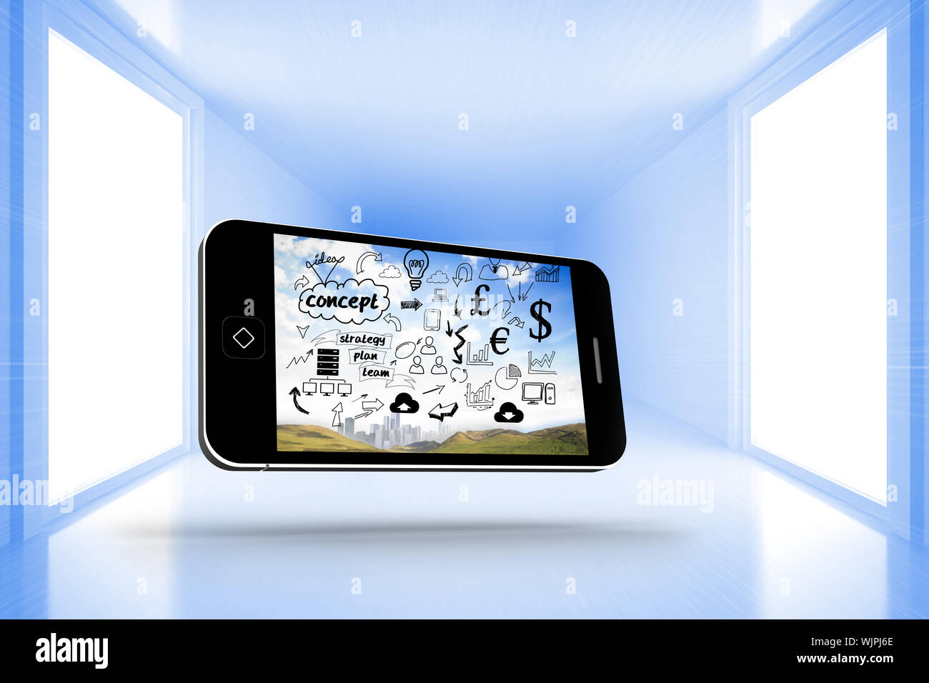 Brainstorm on smartphone screen against abstract blue cloud design in ...