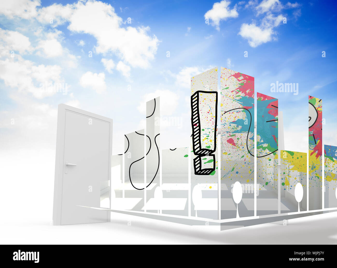Exclamation mark on abstract screen against closed and open doors in ...
