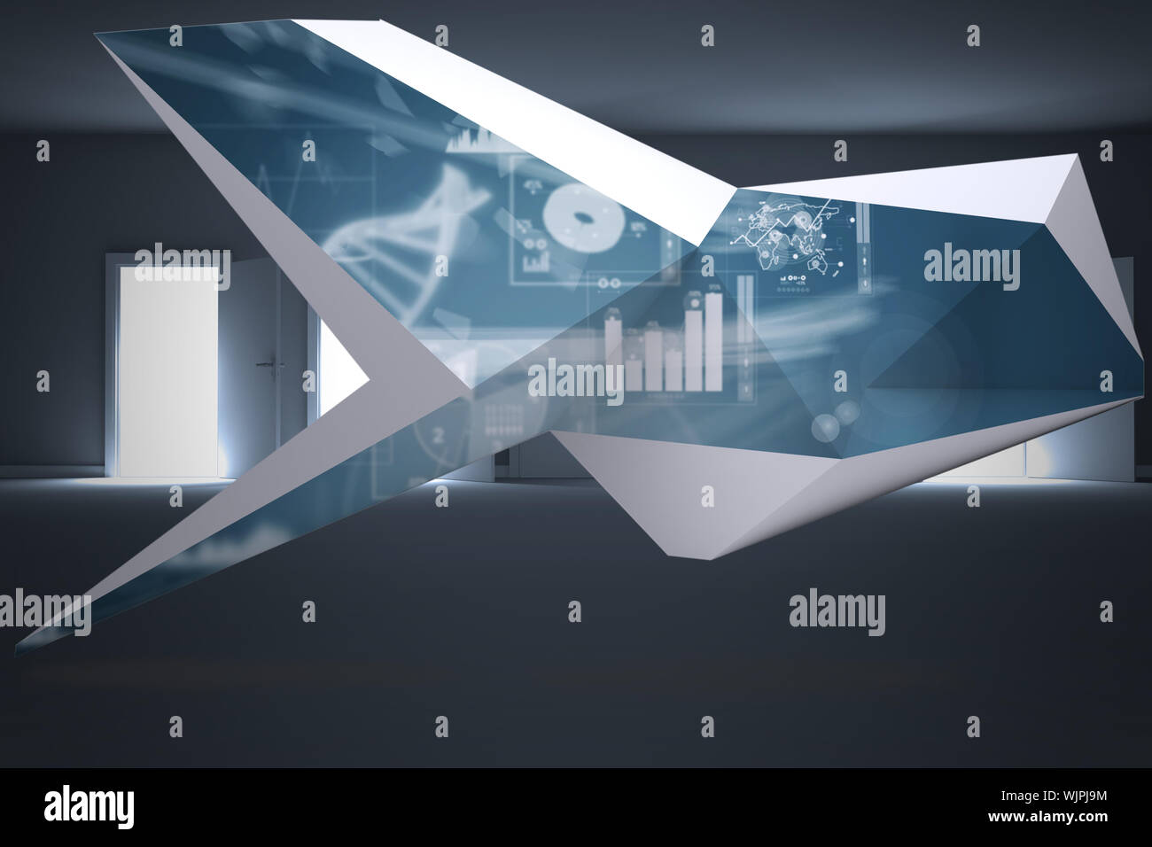 Interface on abstract screen against many doors opening revealing light ...