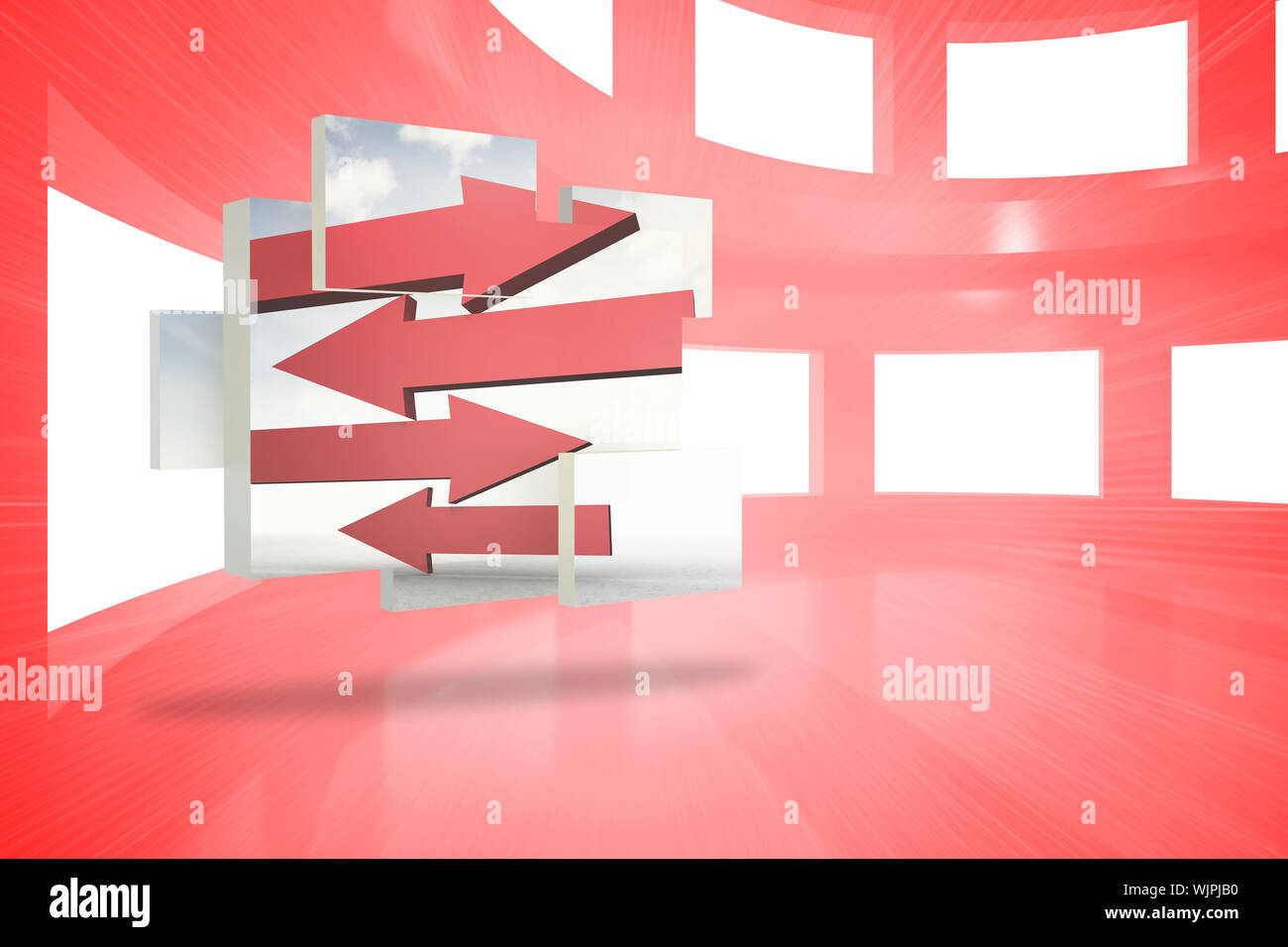 Arrows on abstract screen against bright red room with windows Stock ...