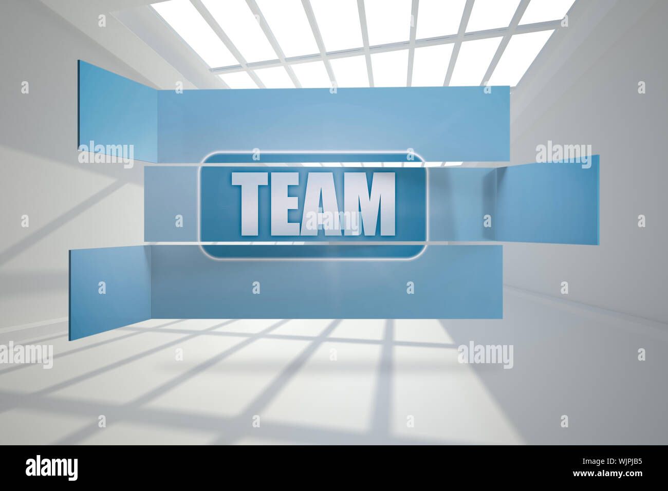 Team banner on abstract screen against room with windows at ceiling ...