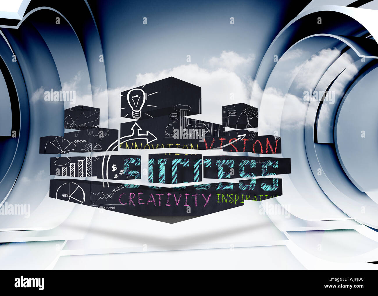 Success brainstorm on abstract screen against cloud in a futuristic ...