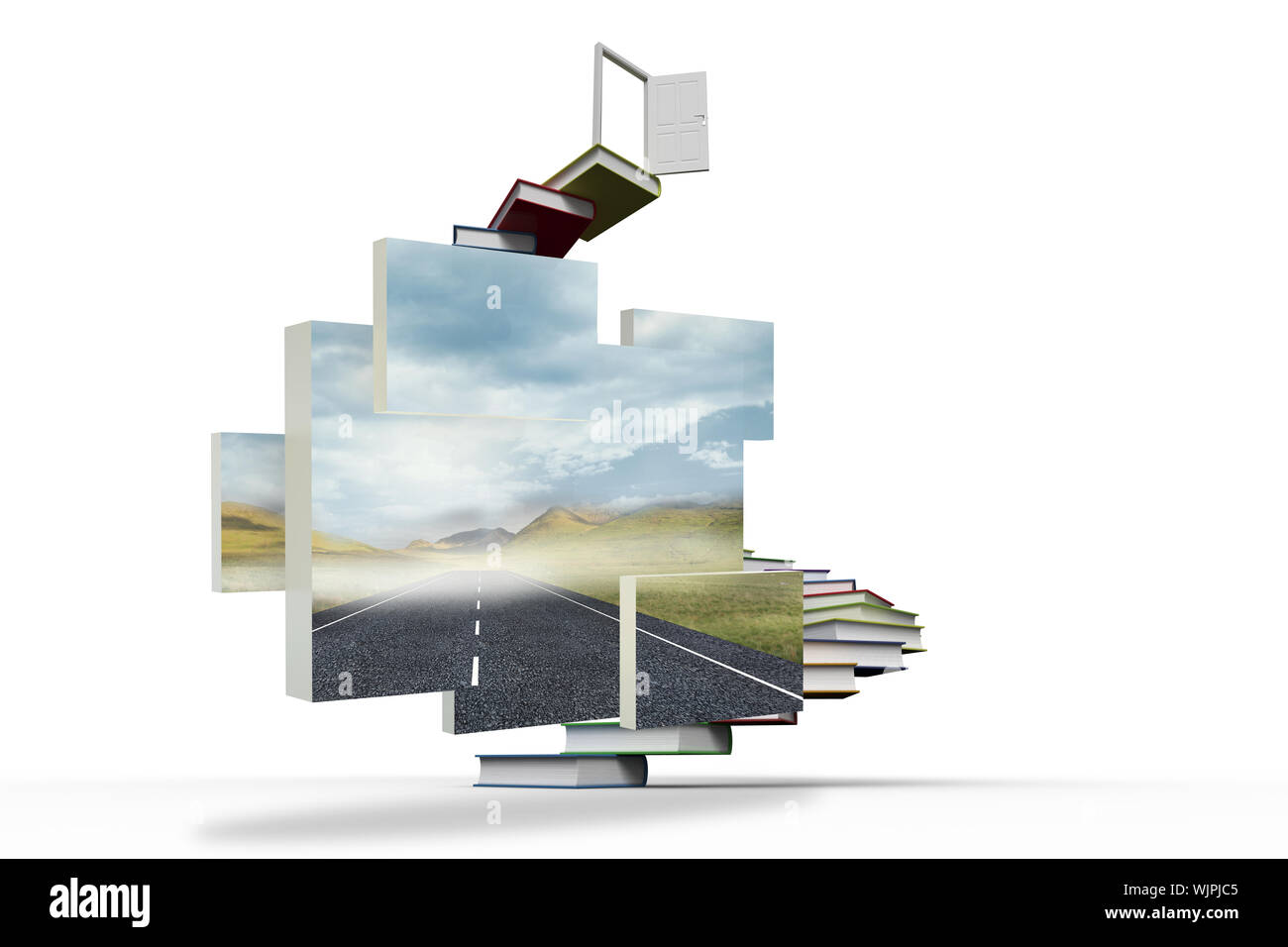 Open road on abstract screen against steps made out of books with open ...