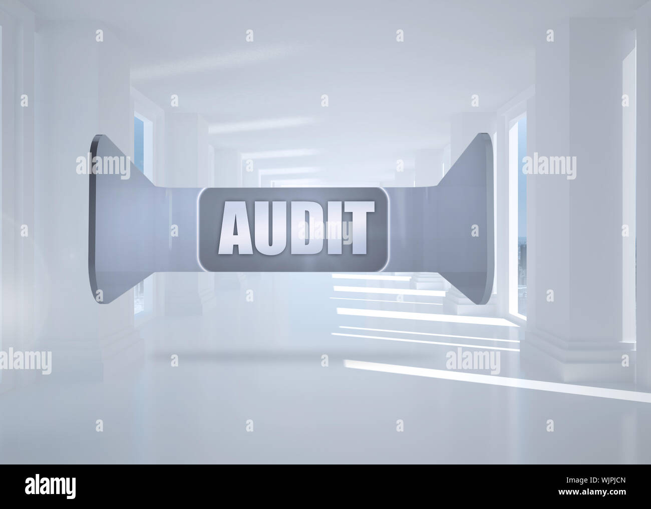 Audit banner on abstract screen against bright white hall with columns ...