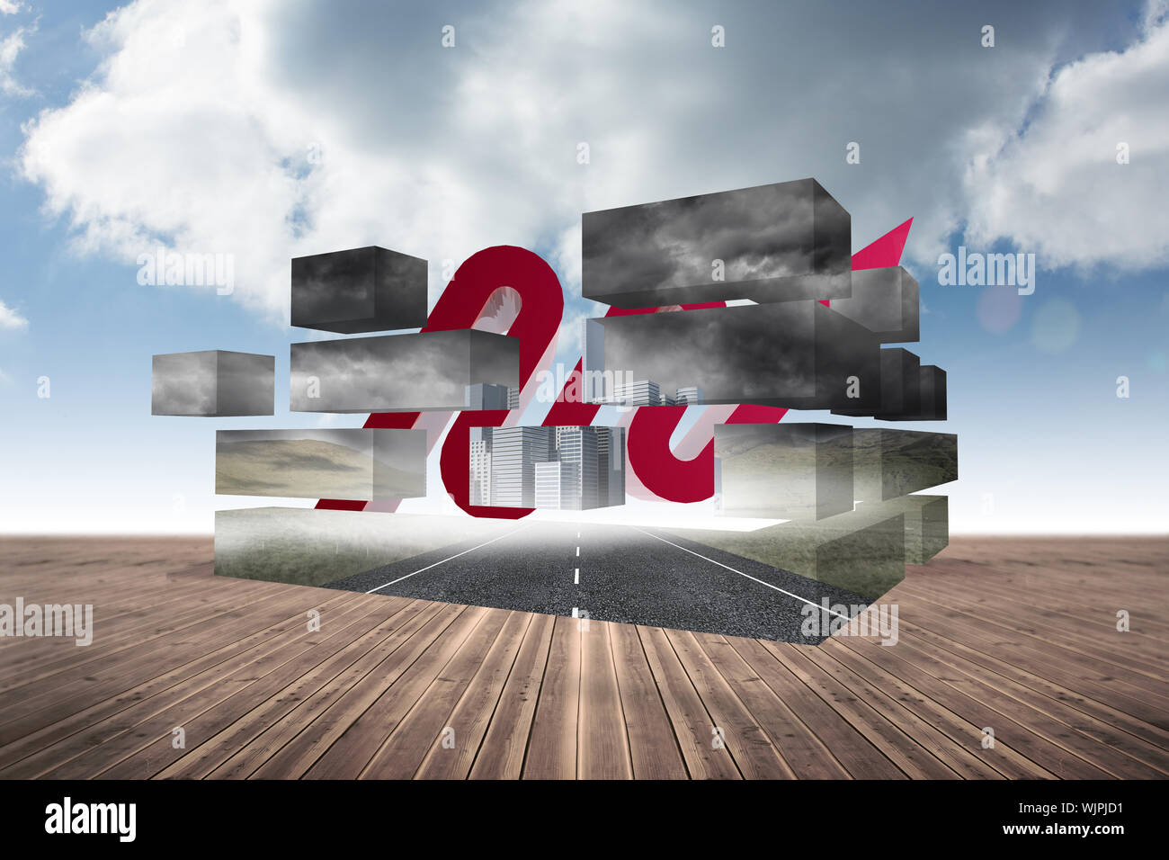 Road and city on abstract screen against red arrow against blue sky ...