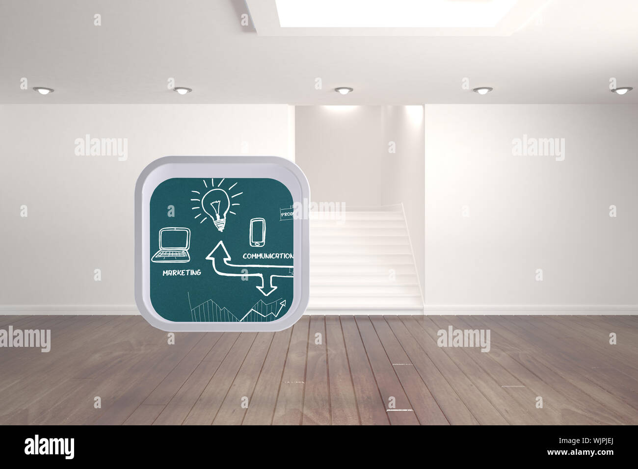 Brainstorm on abstract screen against digitally generated room with ...
