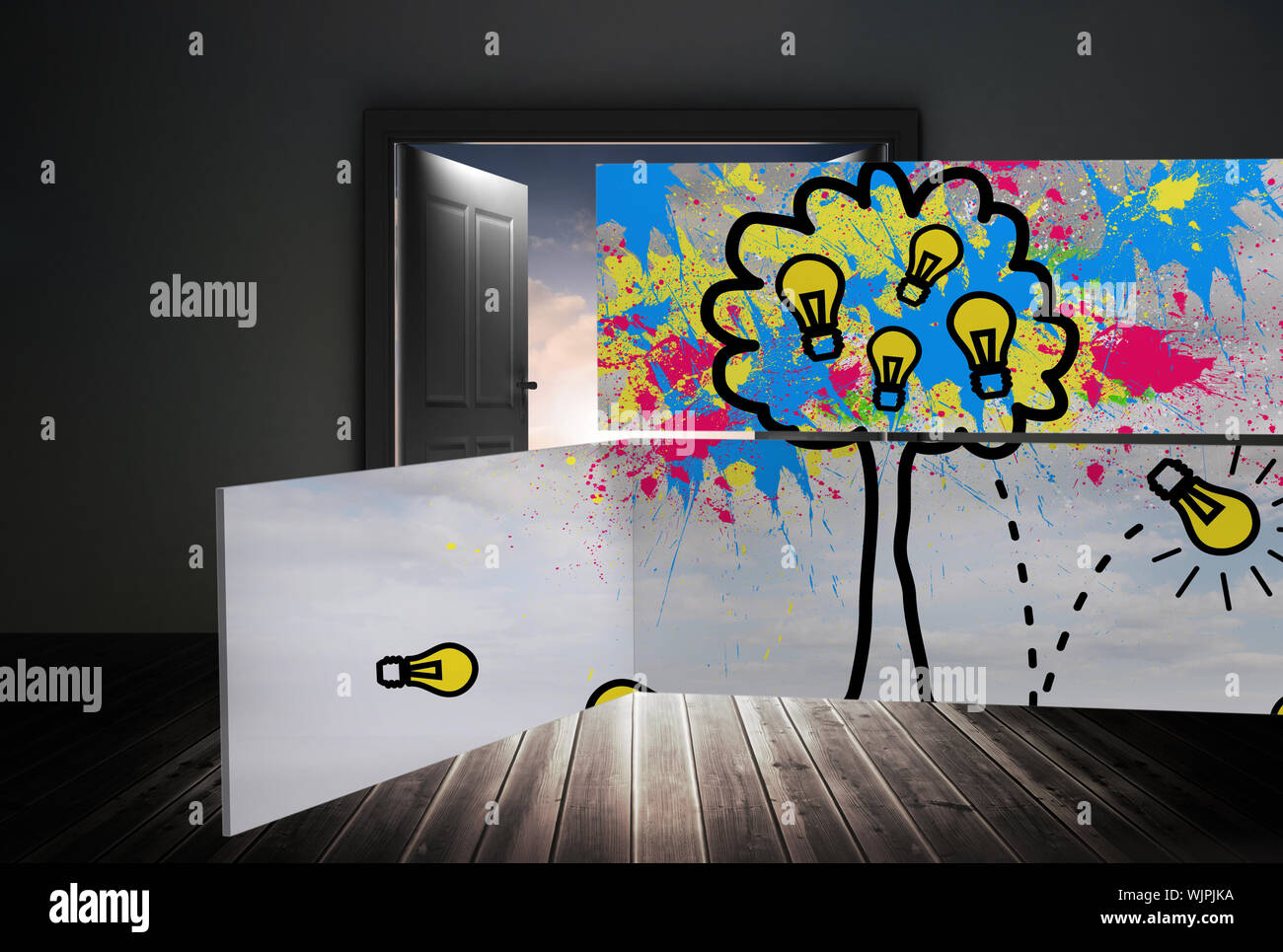 Light bulb tree on abstract screen against doors opening to reveal ...