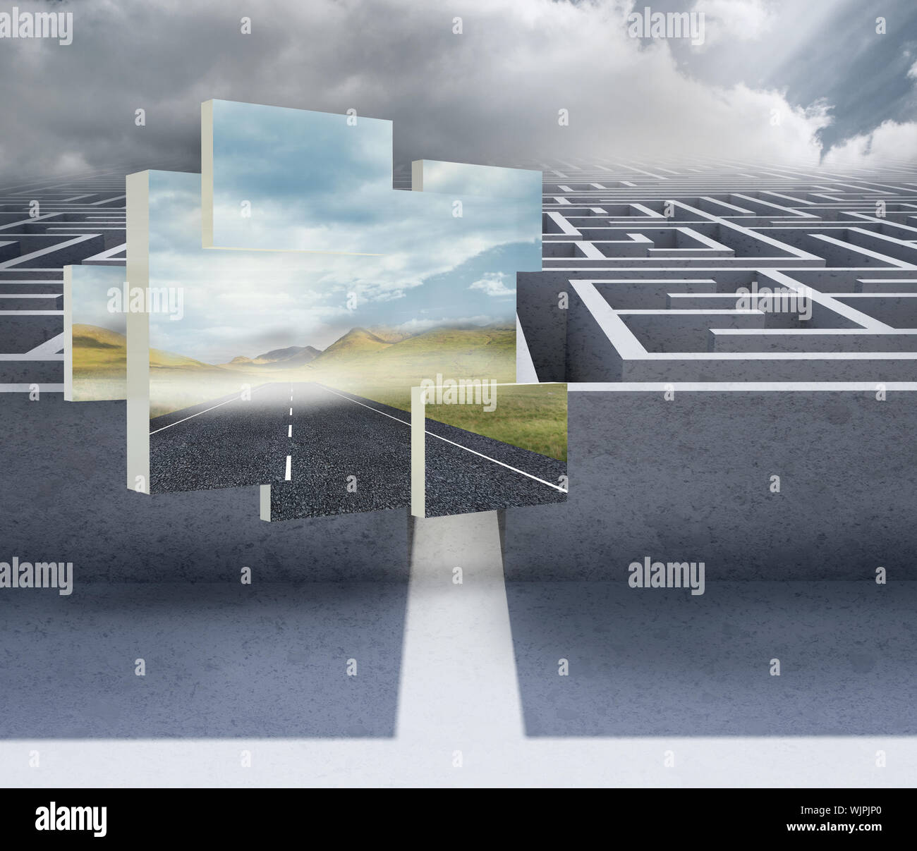 Open road on abstract screen against big 3d maze under clouds Stock ...