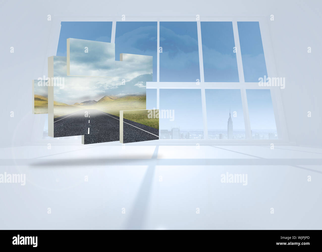 Open road on abstract screen against bright white room with windows Stock Photo - Alamy