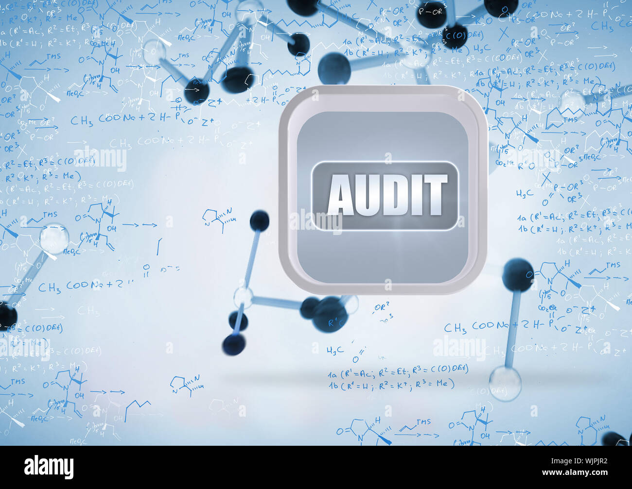 Audit banner on abstract screen against bright white hall with columns ...