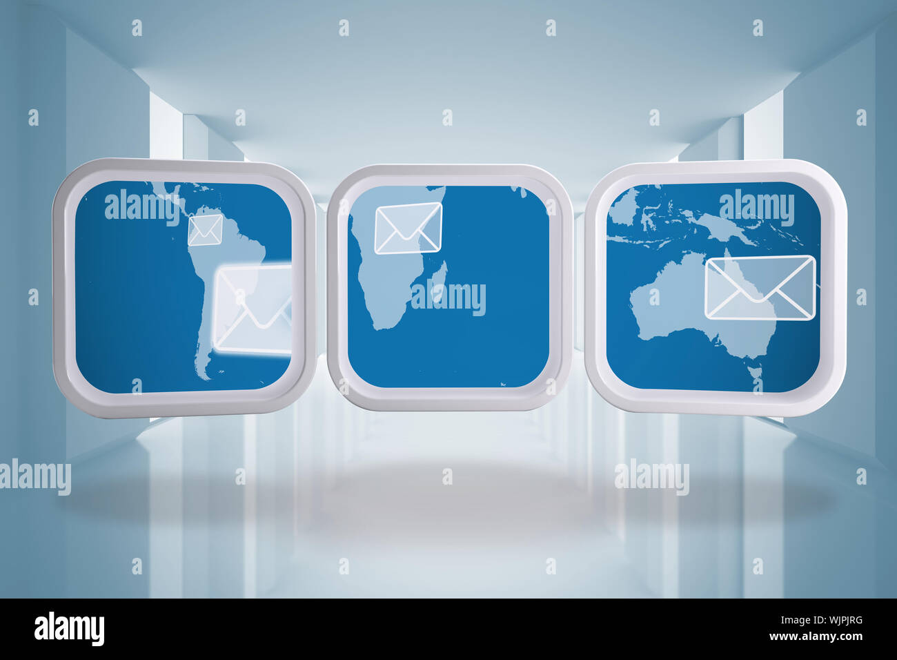 World map and email on abstract screen against lit up white modern ...