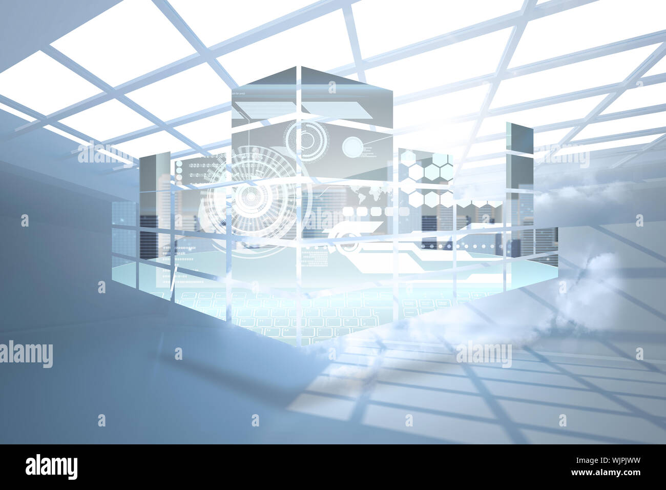 Interface on abstract screen against room with holographic cloud Stock ...