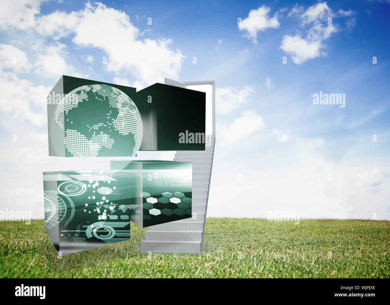 Earth interface on abstract screen against open door at top of stairs ...