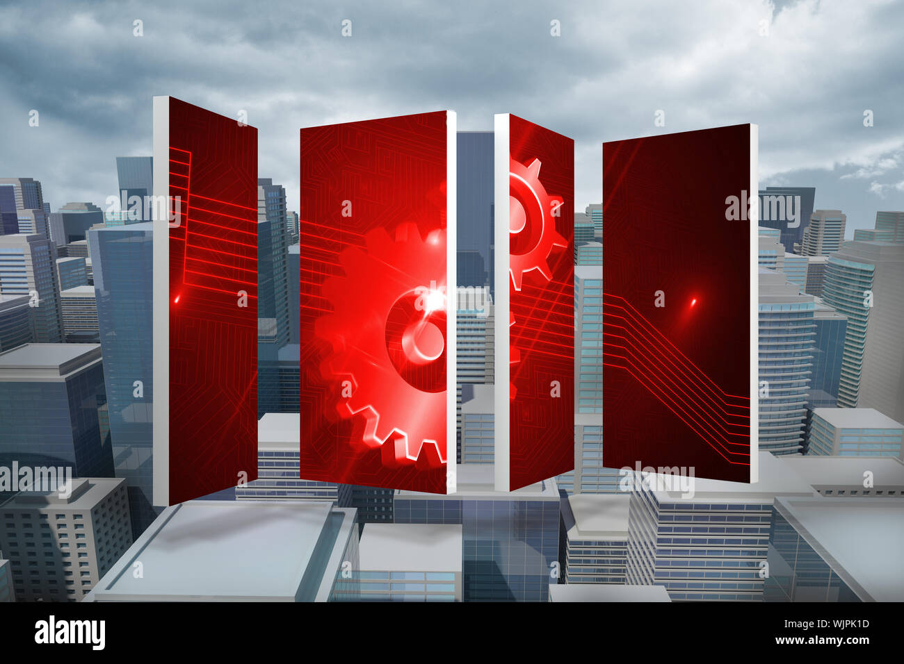 Cog and wheels on abstract screen against digitally generated cityscape ...