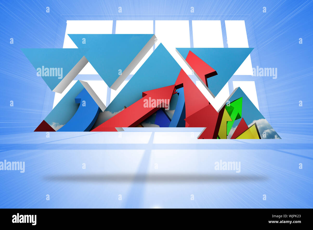Arrows on abstract screen against bright blue room with windows Stock ...