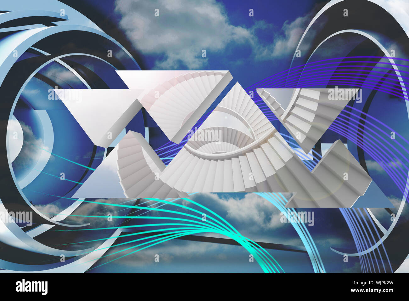 Winding staircase on abstract screen against abstract blue and purple ...