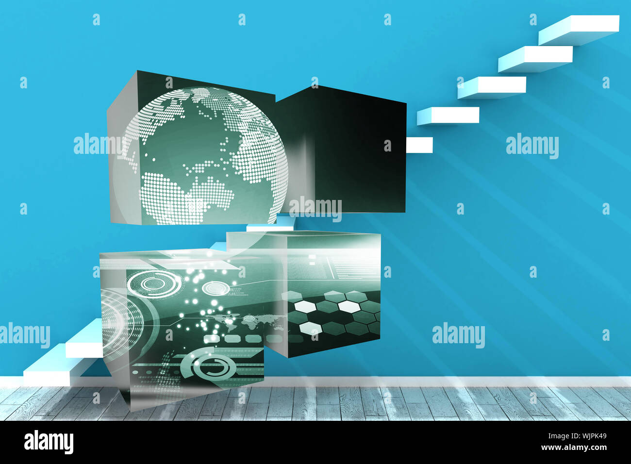 Earth interface on abstract screen against steps in a blue room Stock ...