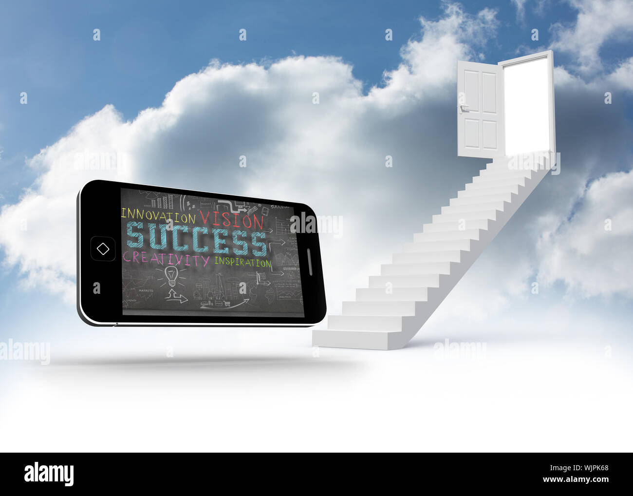 Success plan on smartphone screen against steps leading to open door in ...
