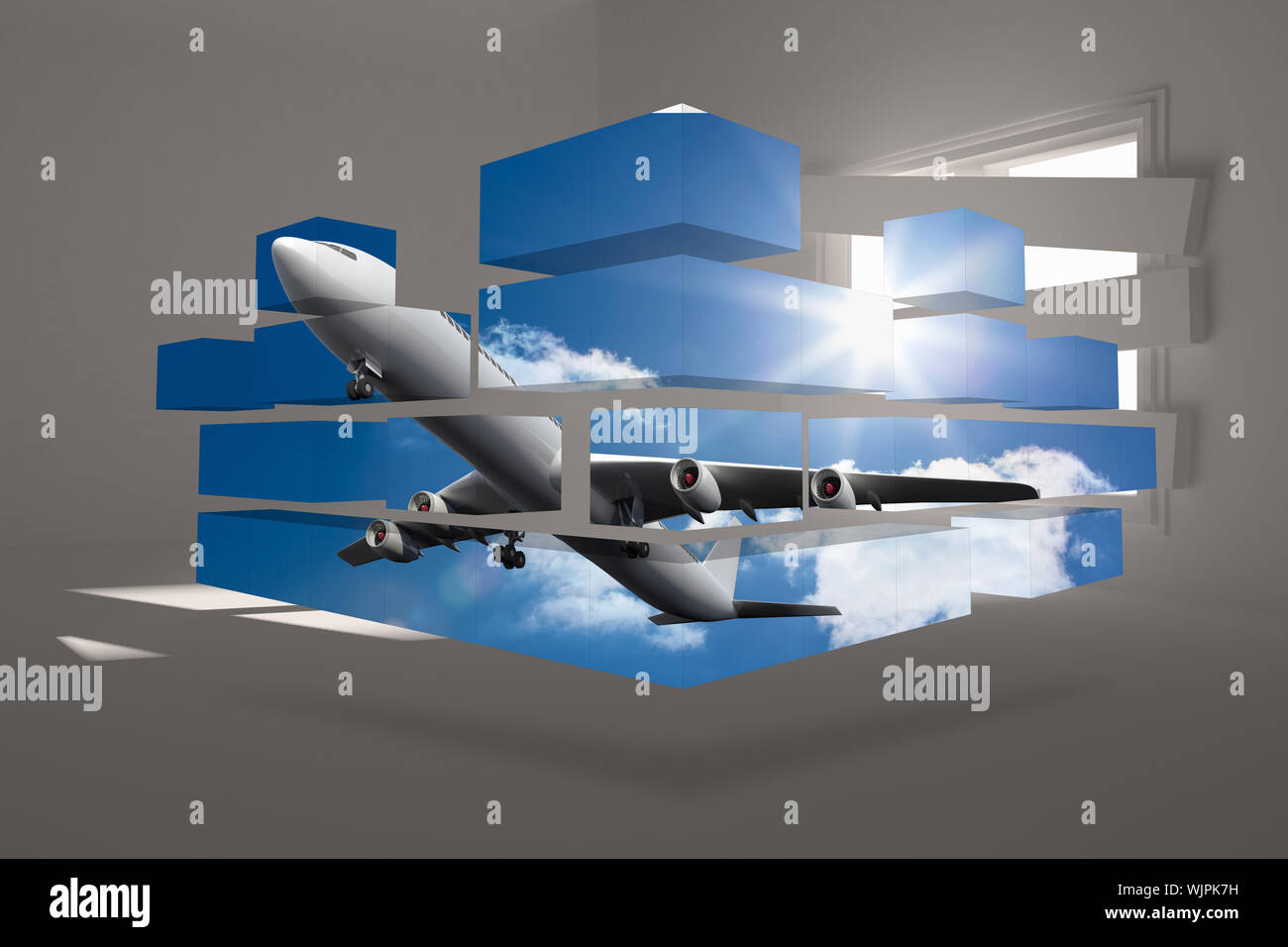 Airplane on abstract screen against digitally generated room with ...