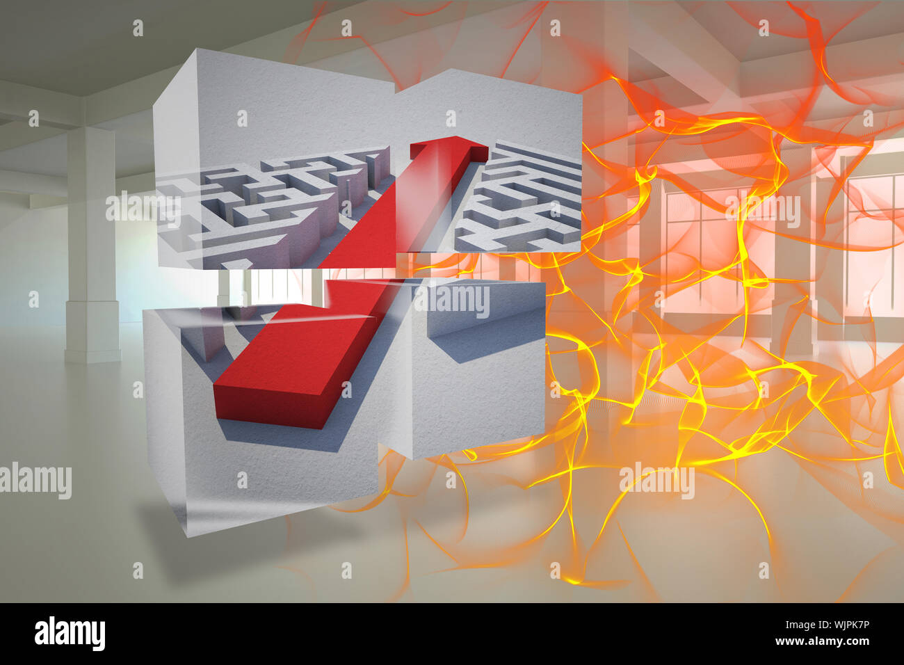 Arrow through maze on abstract screen against city scene in a room ...