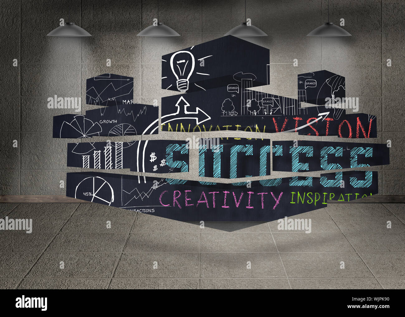 Success brainstorm on abstract screen against dark room with lamps ...