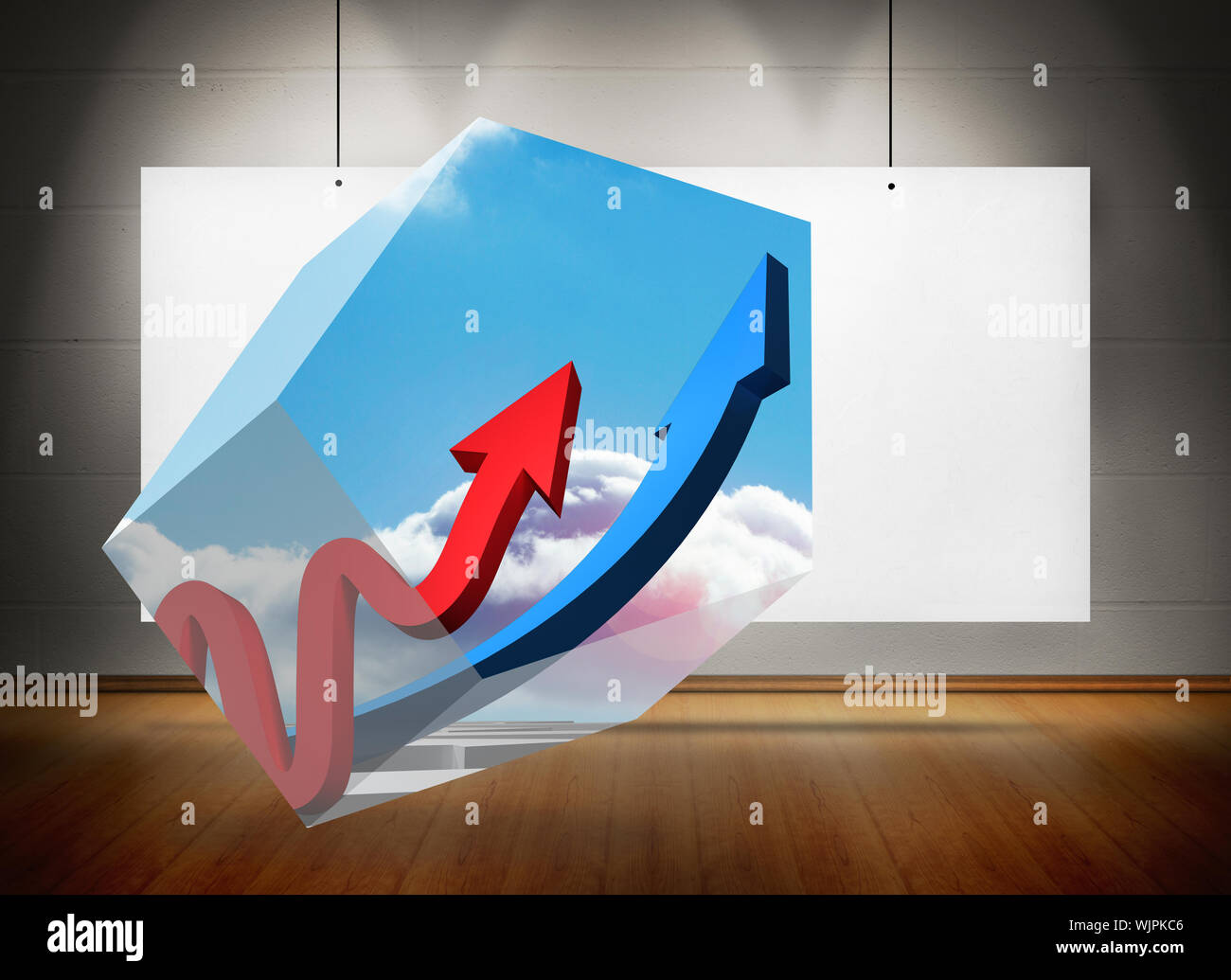 Arrows on abstract screen against poster hung and exhibited like art ...