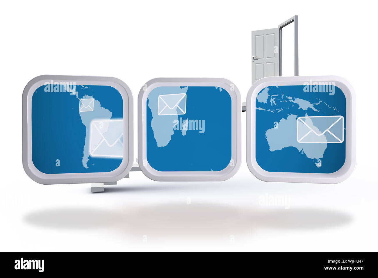 World map and email on abstract screen against white steps leading to ...