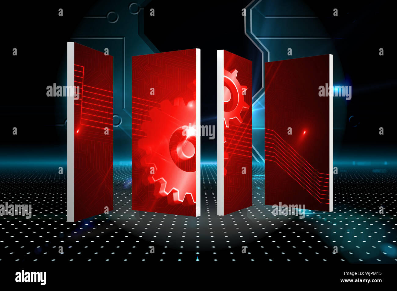Cog and wheels on abstract screen against doorway on technological ...
