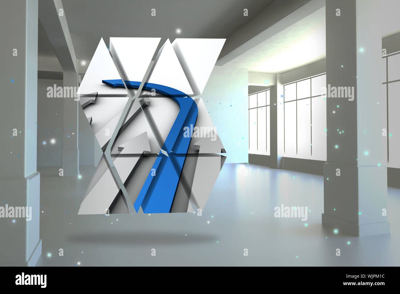 Blue arrow on abstract screen against screen in room with sparks Stock ...