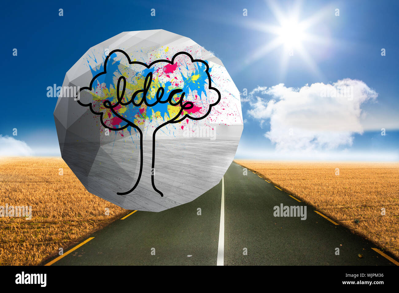 Idea tree on abstract screen against sunny brown landscape with street ...