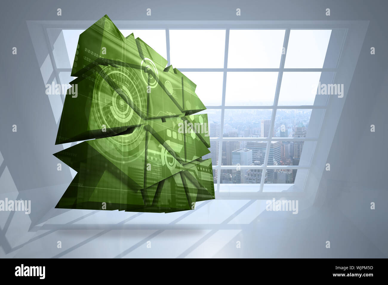 Interface on abstract screen against room with large window showing ...