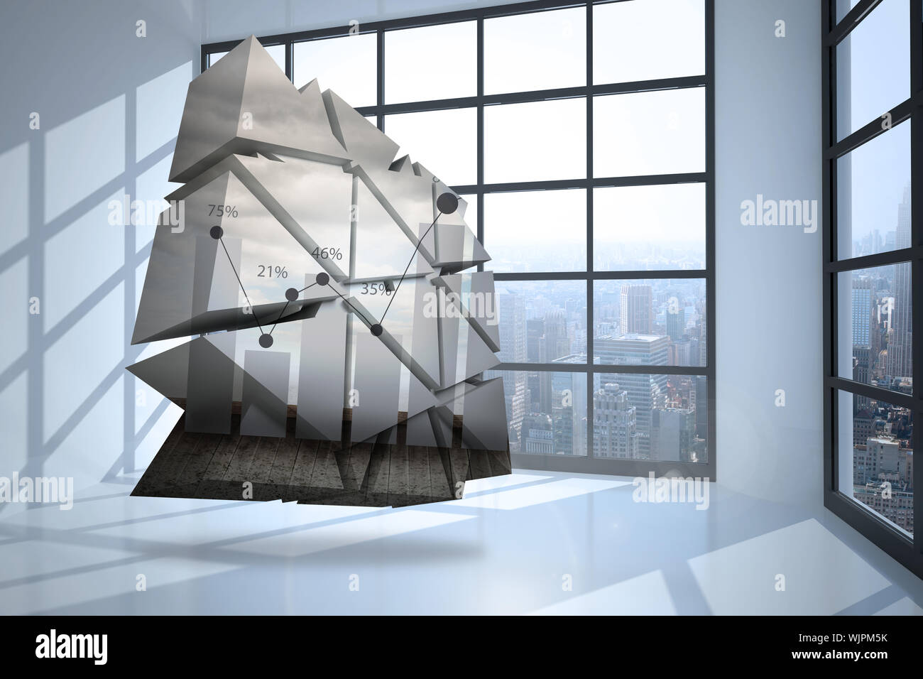 Graph on abstract screen against room with large window showing city ...
