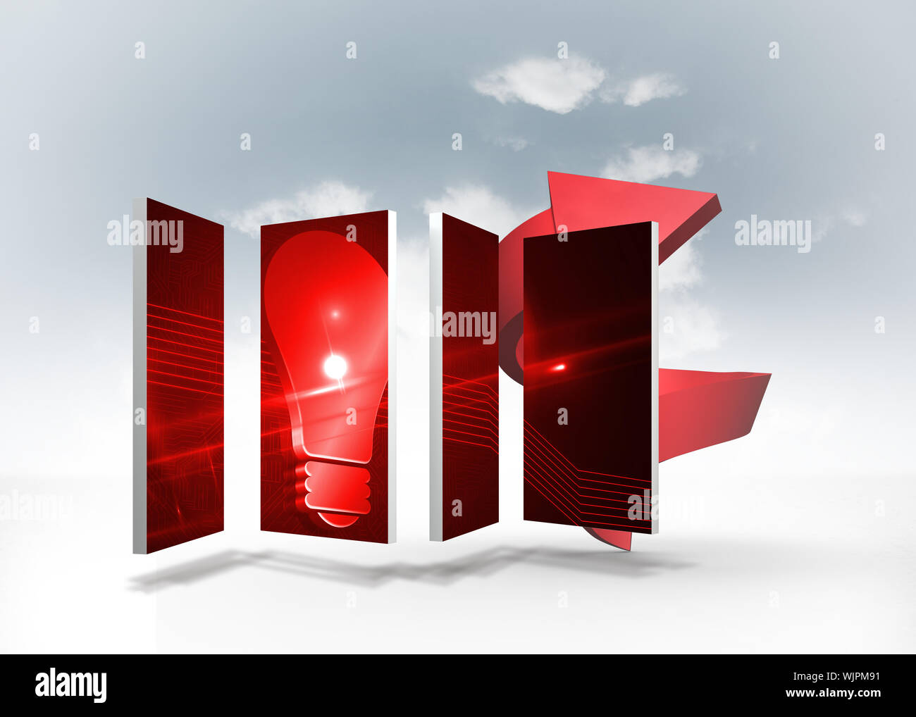 Red light bulb graphic on abstract screen against red spiral arrow in ...