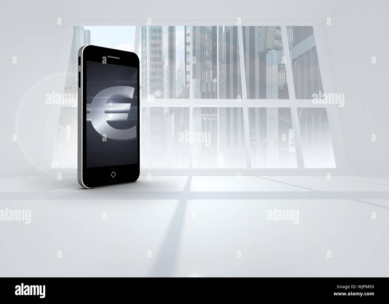 Euro sign on smartphone screen against bright white room with windows ...