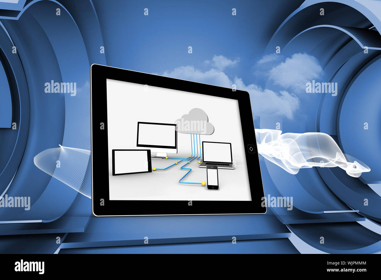 Cloud computing graphic on tablet screen against white cloud design on ...