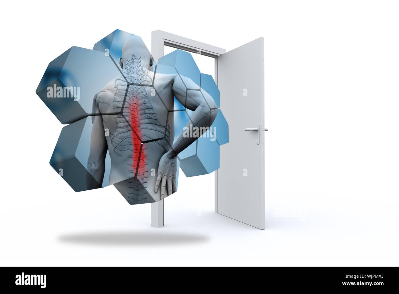 Composite image of back injury diagram on abstract screen against door ...