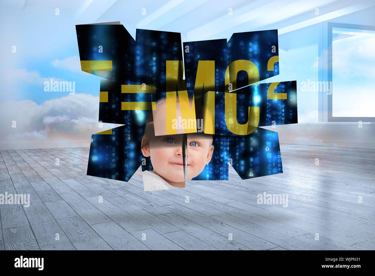 Baby genius on abstract screen against room with holographic cloud ...