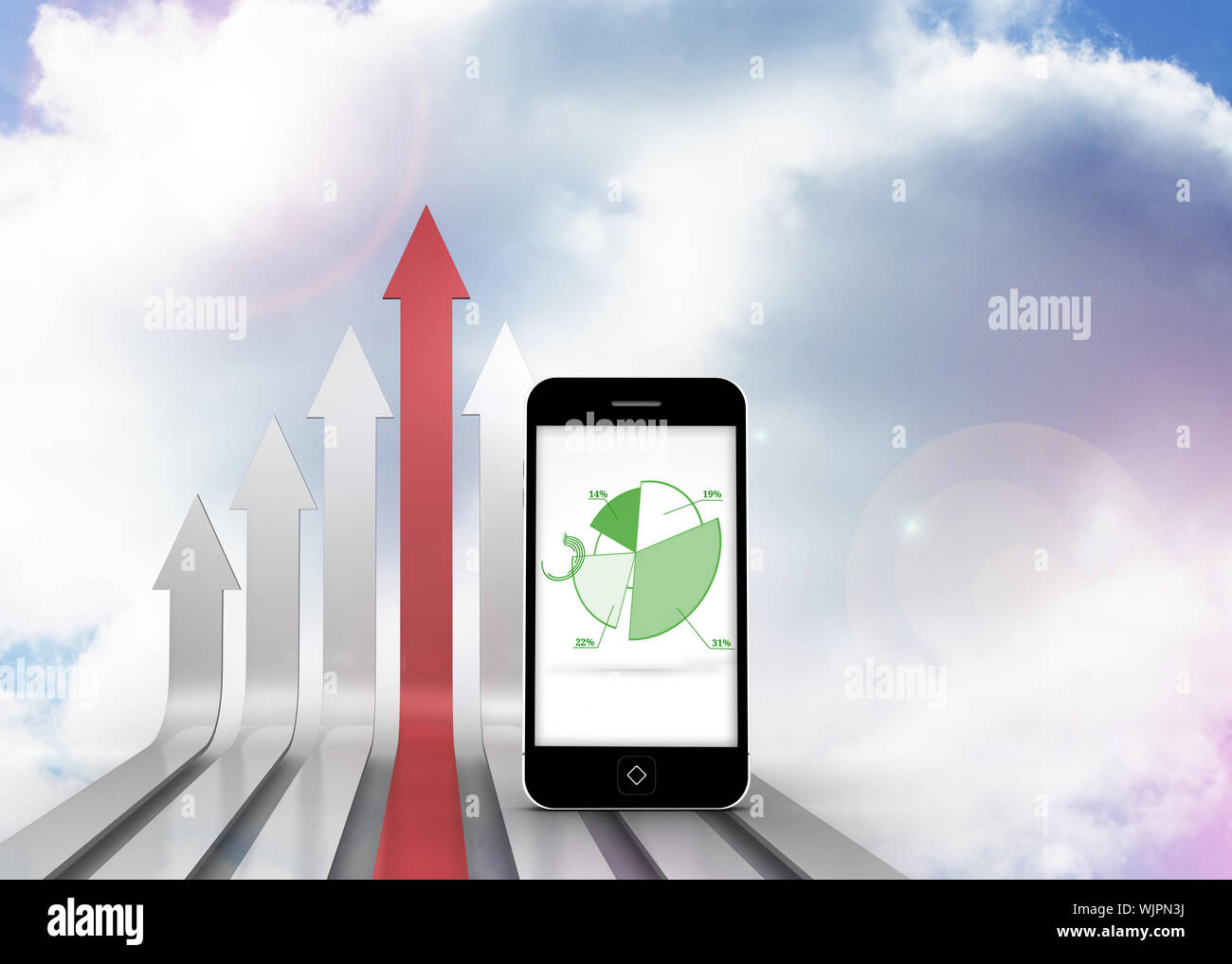 Pie chart on smartphone screen against red and grey curved arrows ...