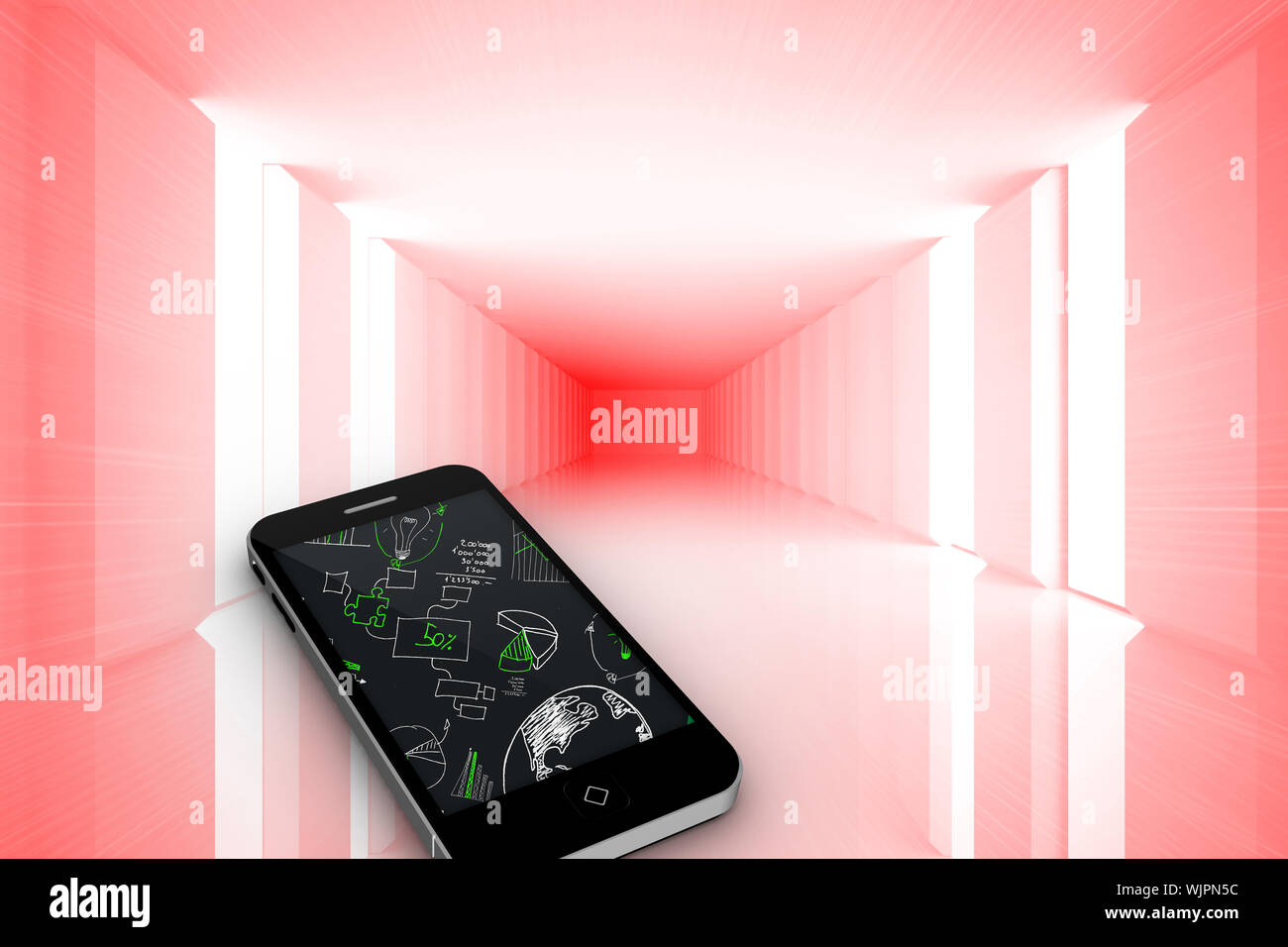 Brainstorm on smartphone screen against bright red room with windows ...