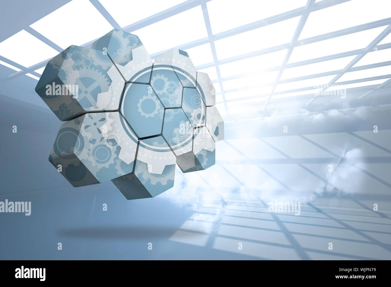 Cogs and wheels on abstract screen against room with holographic cloud ...