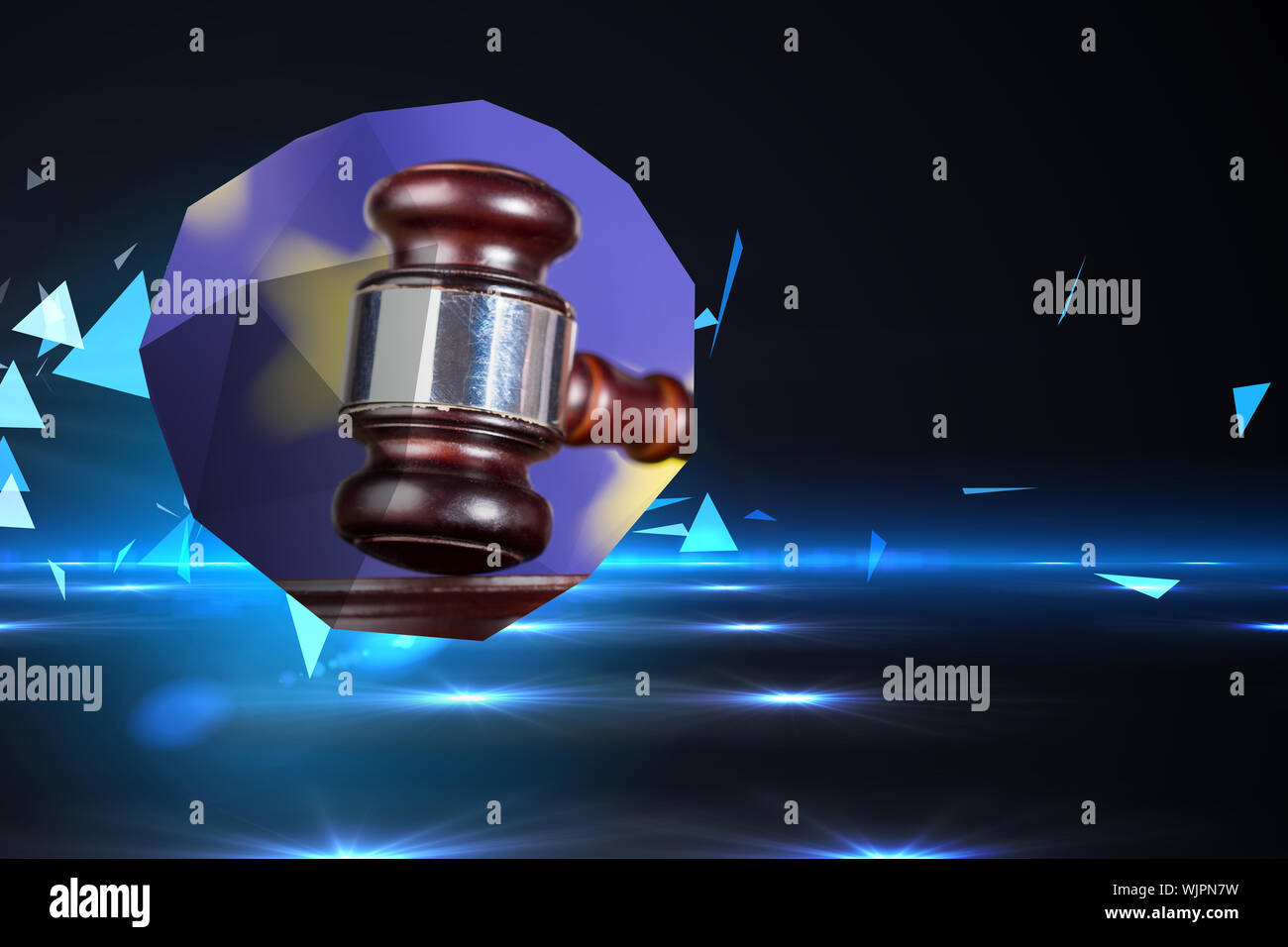 Hammer and gavel on abstract screen against small pyramids on technical ...